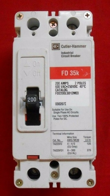 Cutler Hammer Type FD 35k 200 Amp 2 Pole FD2200LSD12M03 Circuit Breaker ...