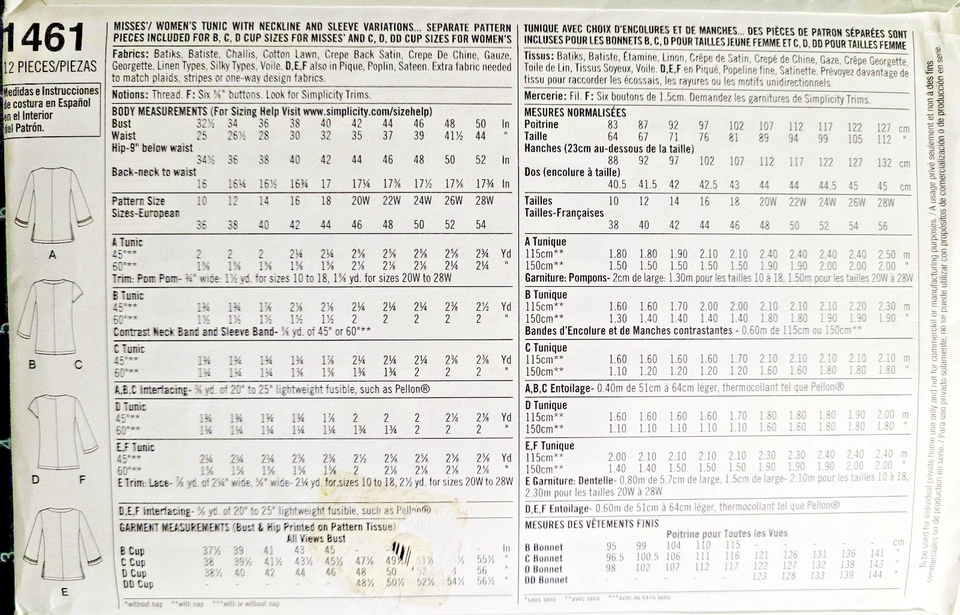 UNCUT-Simplicity Pattern #1461-Women's Tunic/Neck & Sleeve Variations ...