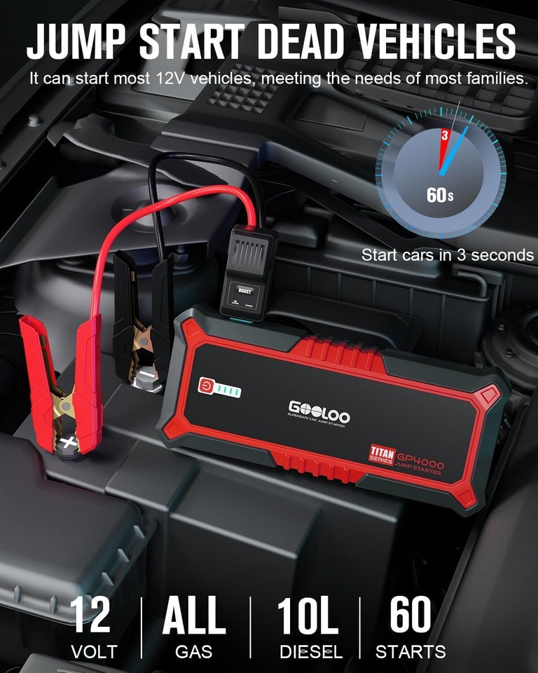 GOOLOO GP4000 Jump Starter 4000A Peak Car Starter SuperSafe 12V Lithium ...