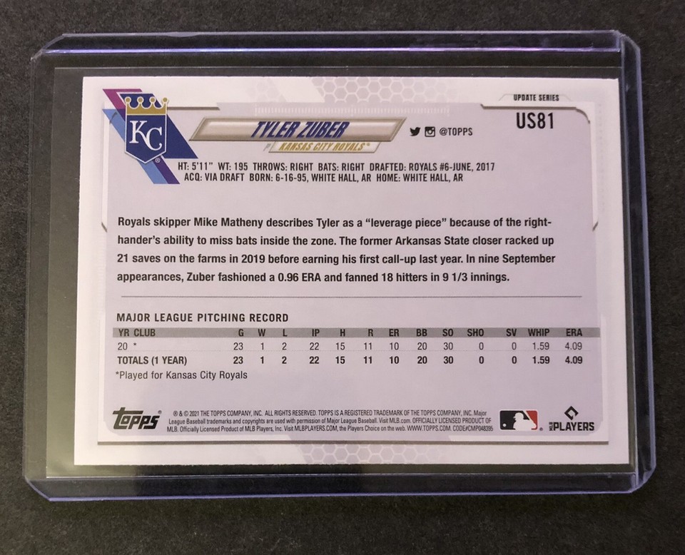 Tyler Zuber 2021 Topps Update Rookie Rainbow Foil Parallel Kansas City ...