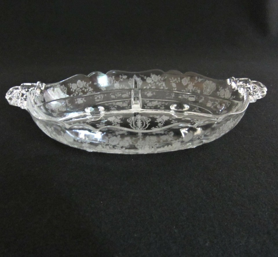 Crystal Relish Dish Oval Three Part Cambridge Glass Etched Rose Point ...