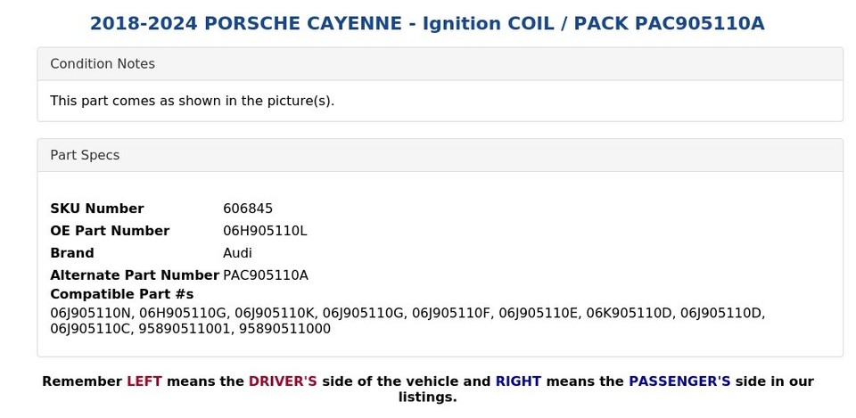 2018-2024 PORSCHE CAYENNE - Ignition COIL / PACK PAC905110A | eBay