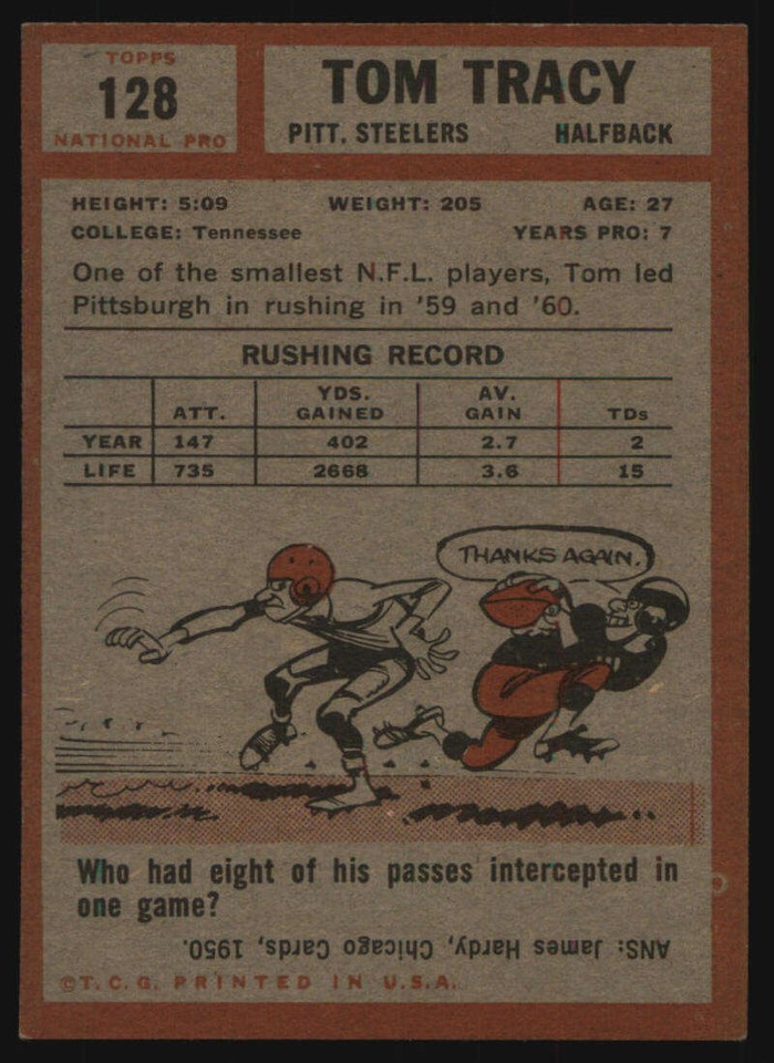 1962 Topps #128 Tom Tracy EX/EX+ Steelers 572199 | eBay