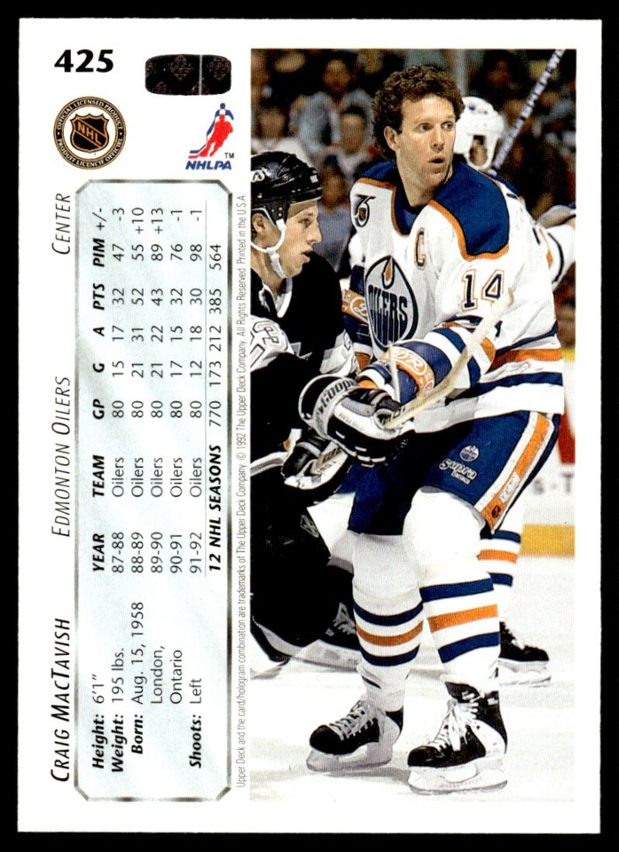 1992-93 Upper Deck #425 Craig MacTavish Edmonton Oilers | eBay
