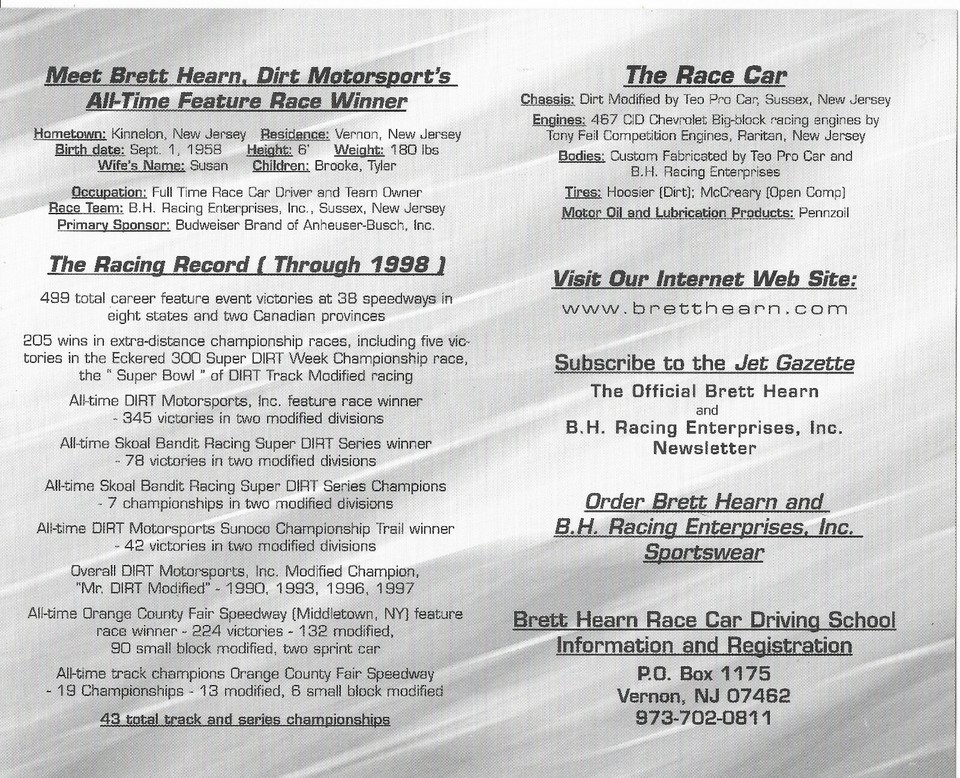 #61 BRETT HEARN SIGNED TEAM HANDOUT MODIFIED DIRT TRACK SUPER DIRT WEEK ...
