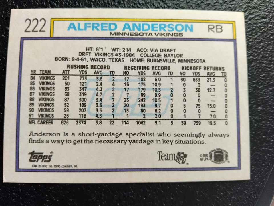 Alfred Anderson Minnesota Vikings Runningback Topps NFL 1992 Card #222 ...