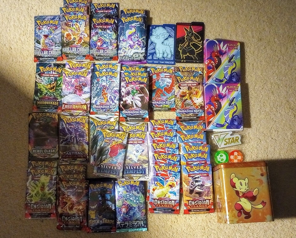 Pokemon-Empty wrappers Lot of 42-Stellar,Flames,Twilight,Rebel,Rift-Tin ...