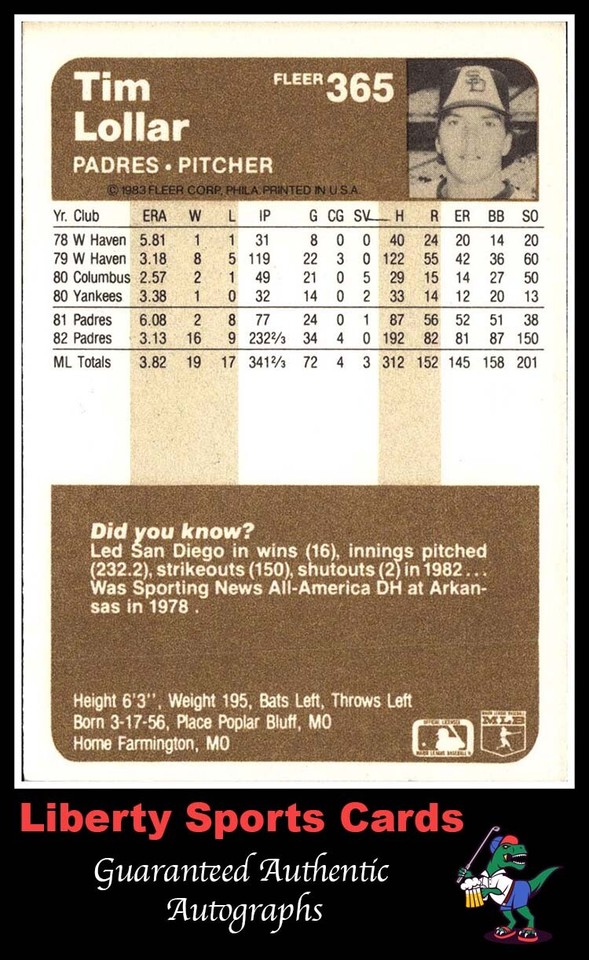 1983 Fleer Tim Lollar #365 Authentic Autographed Card San Diego Padres ...