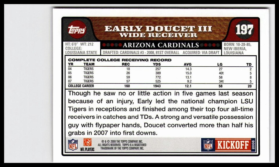 2008 Topps Kickoff #197 Early Doucet RC Arizona Cardinals | eBay