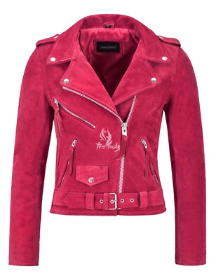 Ladies BRANDO Leather Jacket Fuchsia Pink Suede Fitted Biker Motorcycle ...
