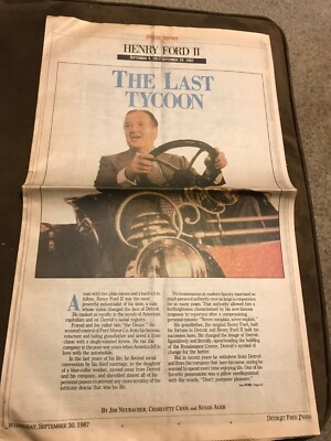 Vintage DETROIT FREE PRESS, Sept 30 1987, Henry Ford II Memorial obit ...