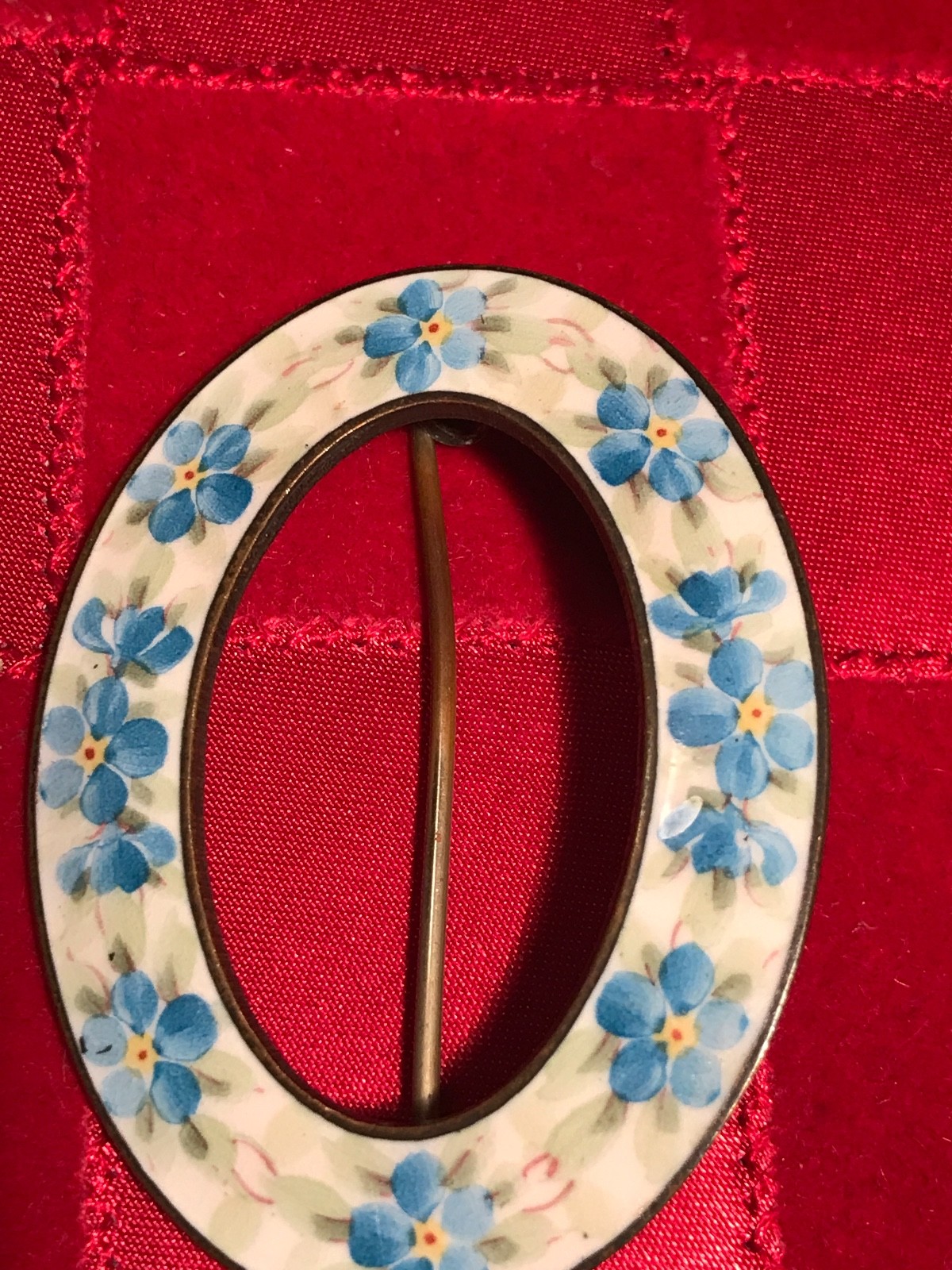 ANTIQUE VICTORIAN ENAMELED SHAWL PIN FORGET ME NOT HA… - Gem