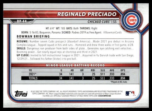 2022 Bowman Prospects Baseball Reginald Preciado BP-44 Chicago Cubs | eBay