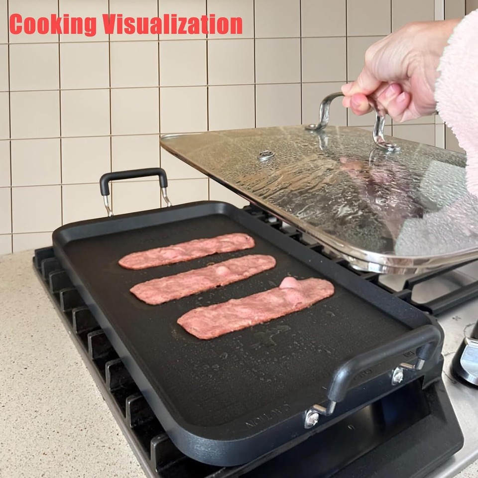 2 Burner Griddle Pan with Glass Lid Stove Top Flat Griddle for Glass ...