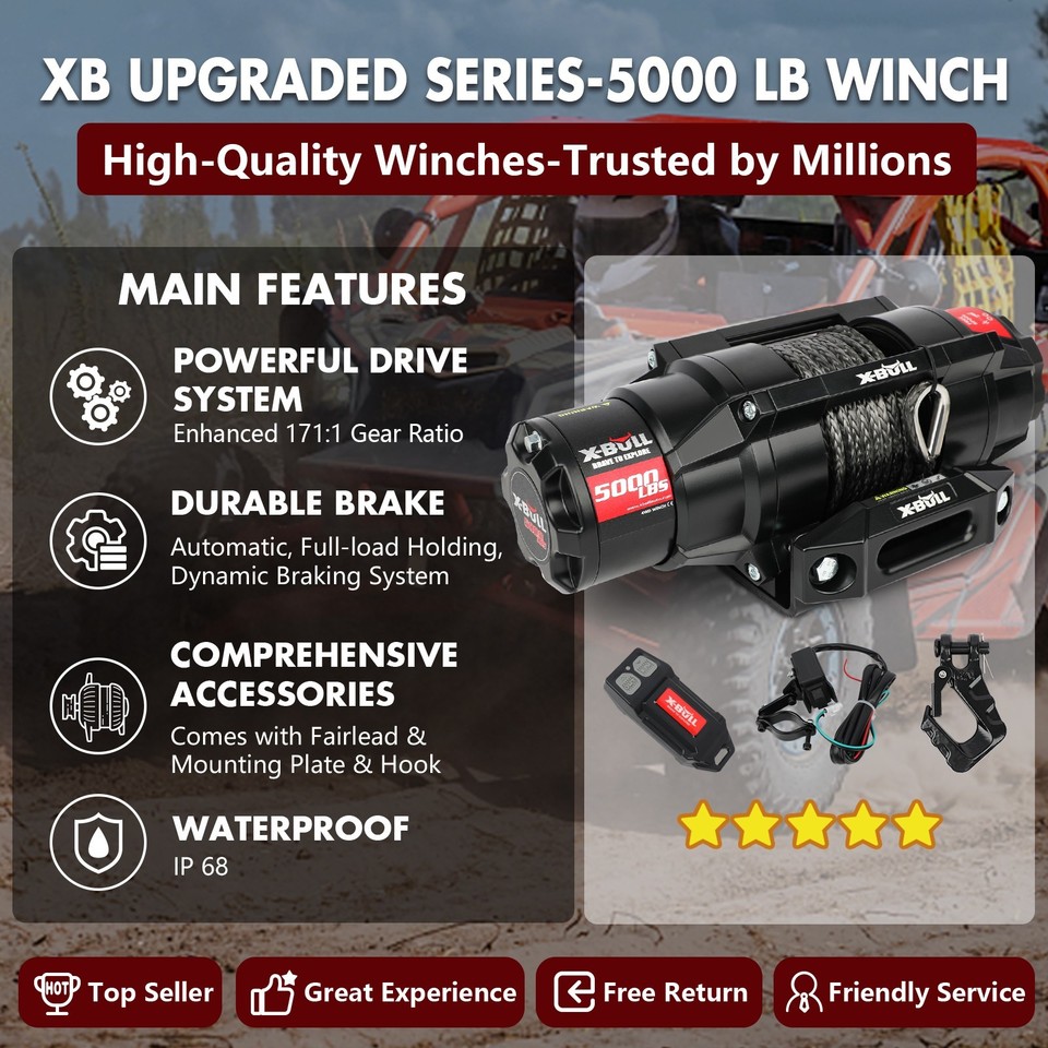 X-BULL ATV Winch Kit 5000lb Remote Control Synthetic Waterproof Boat ...