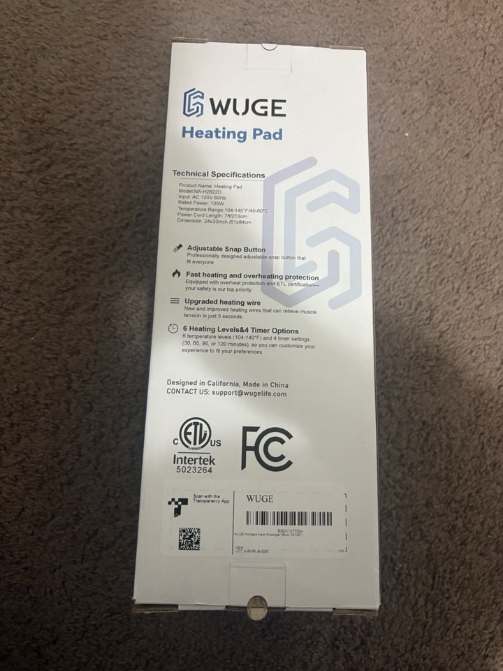 WUGE Electric Heating Pad Blue Gray NA-H2822D 6 Levels Timer Snap ...