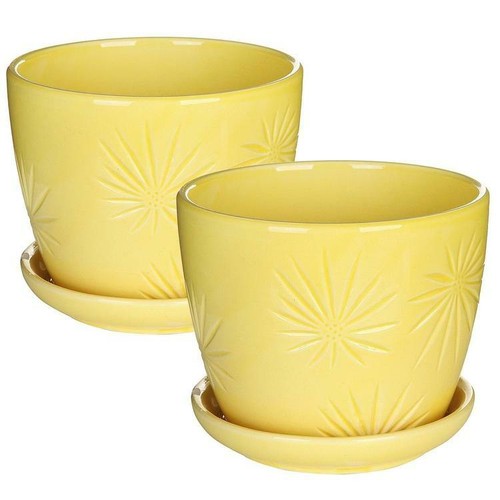 Yellow Ceramic Planter Pots, 5-Inch Round Plant Containers w/ Saucers ...