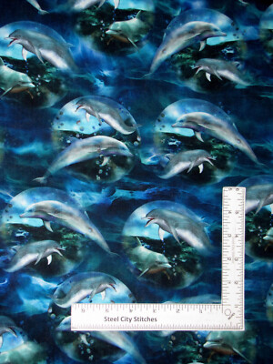 Nautical Dolphin Sea Fabric Ocean Dazzling Dolphins Digital Cotton QT ...