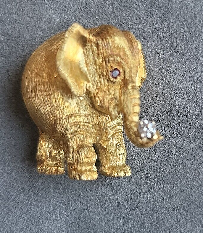 Designer Maurice Guyot 18k Yellow Gold Elephant Diamond Brooch Animal ...