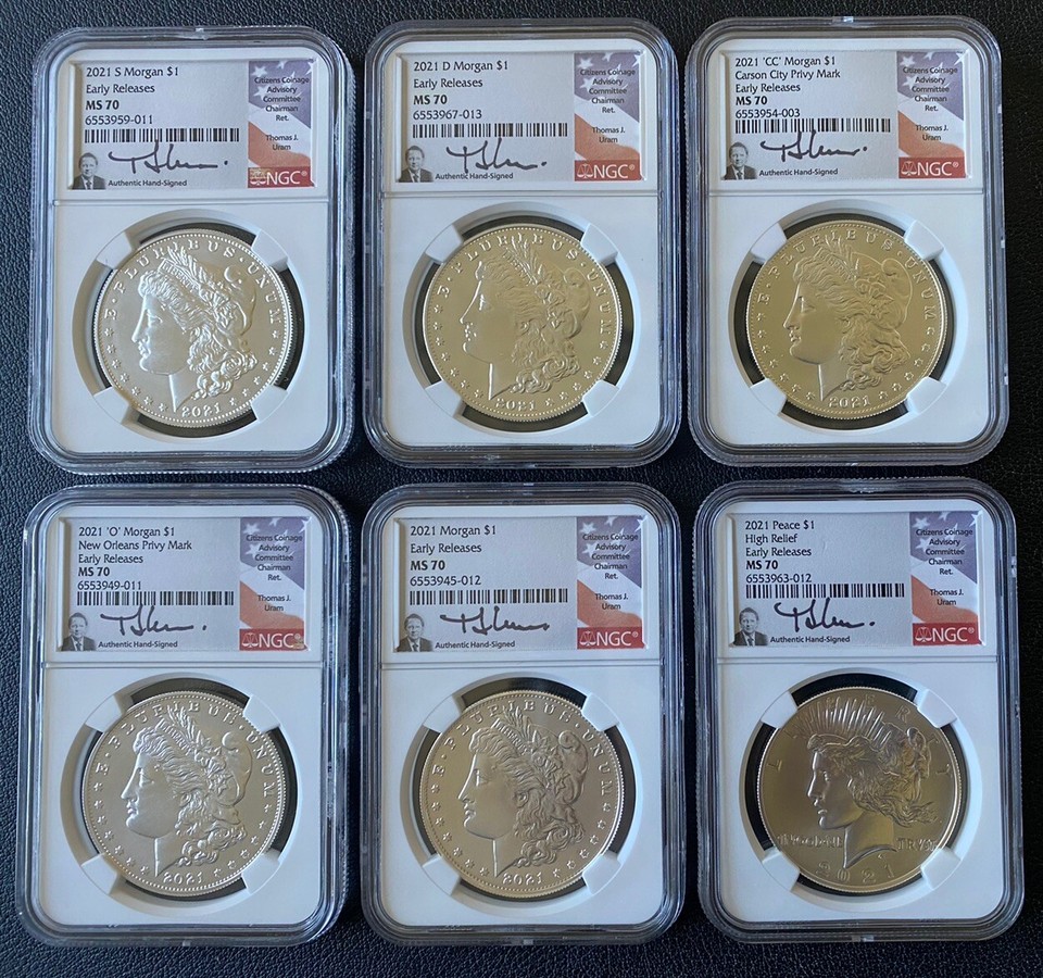 2021 Morgan & Peace Silver Dollar 6 Coin Set NGC MS 70 (Thomas Uram ...