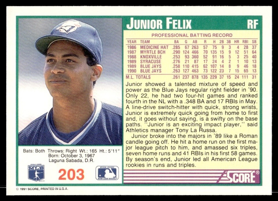 1991 Score Baseball Card Junior Felix Toronto Blue Jays #203 | eBay