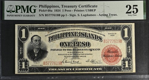 1924 Philippines 1 Peso Treasury Certificate Pick #68a - PMG VF25 | eBay