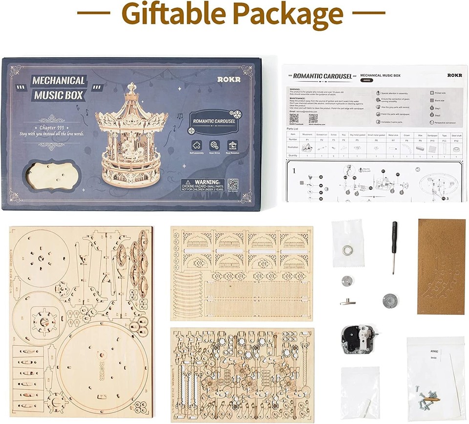 ROKR 3D Wooden Puzzle Romantic Carousel DIY Music Box Creative Craft ...