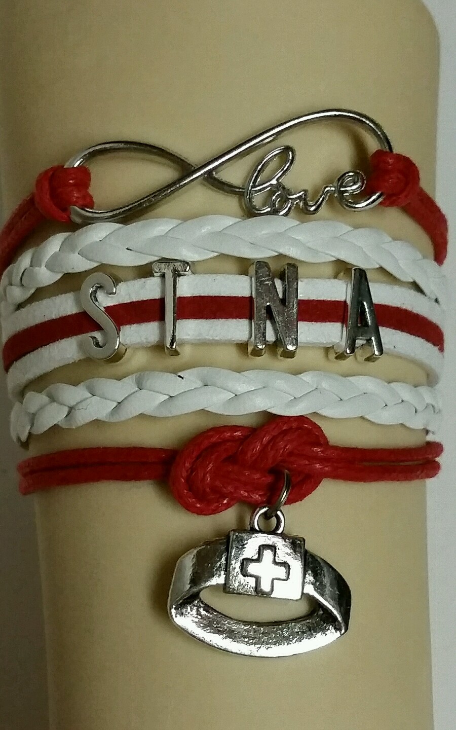STNA CUSTOM LEATHER BRACELET - 7"-9"-RED/WHITE-NURSE-RN-LPN-PHARMACIST ...
