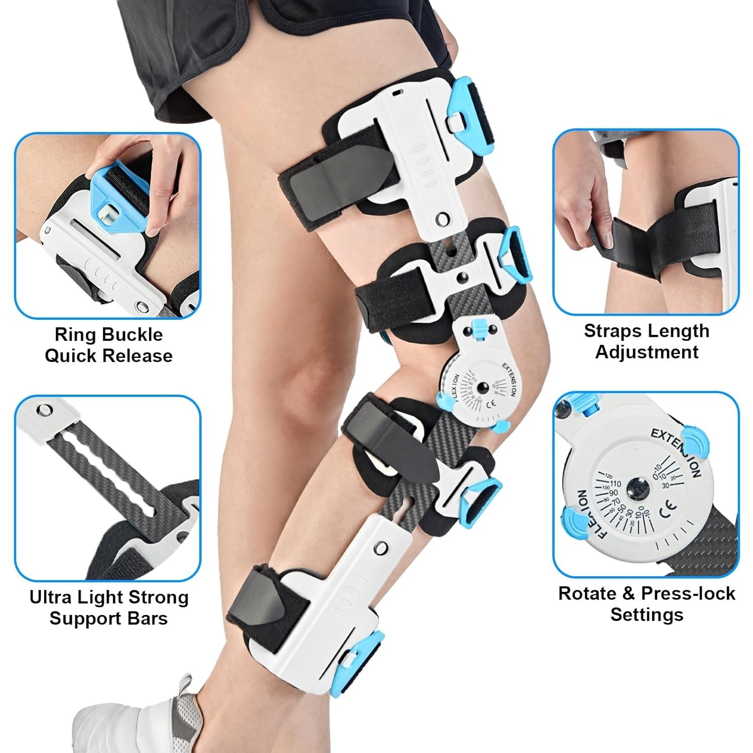 Hinged ROM Knee Brace- Carbon Fiber Post Op Knee Immobilizer Adjustable Leg Brac | eBay