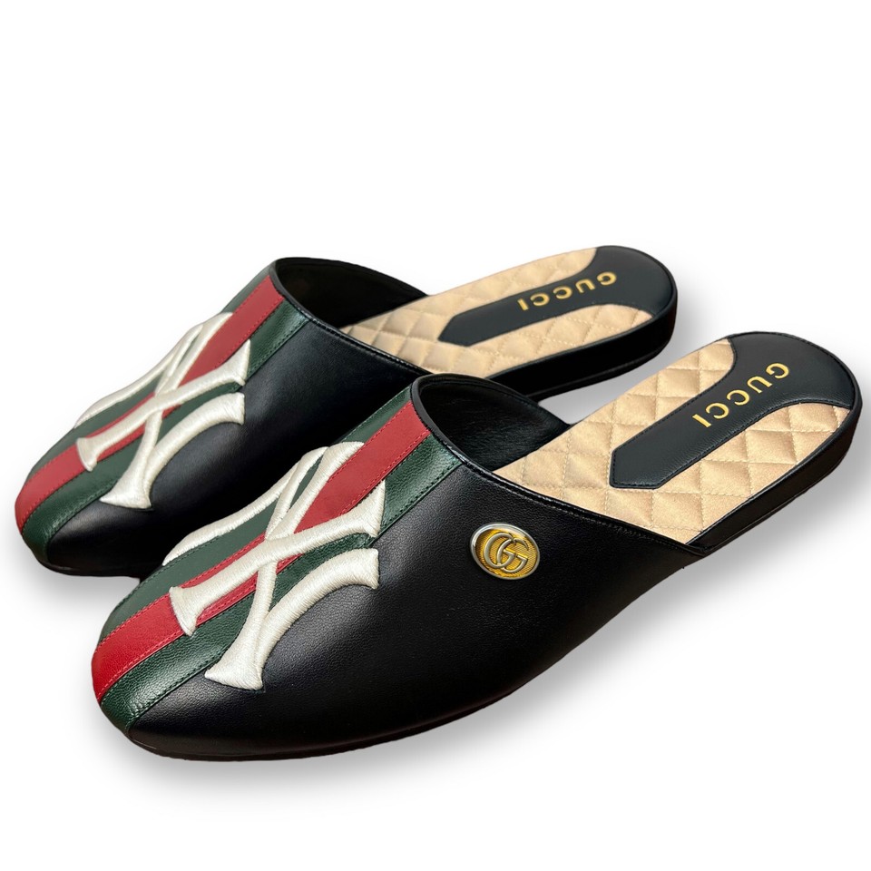 New GUCCI NY Yankees Web mule black leather 4.5 G or 8.5 US 38.5 EUR ...