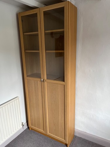 Ikea Billy Bookcase, light 'oak' effect with half-glass doors, 202 cms high | eBay UK