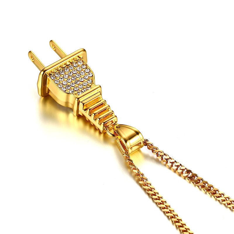 New Gold Tone Metal Plug Out Lightning Necklace Chain Rhinestone USA ...