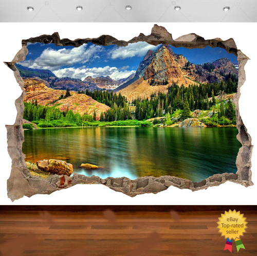 Nature Mountains Waterfall Lake 3d Smashed Wall View Sticker Poster ...