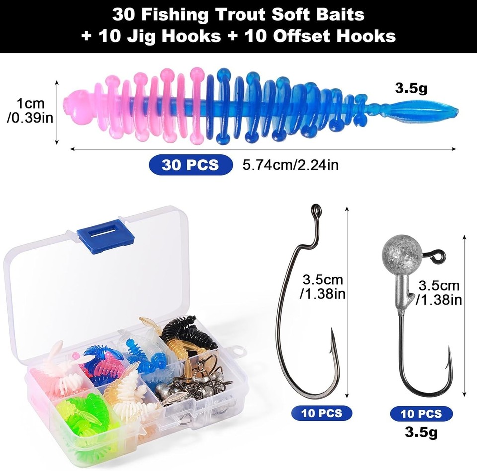 50pc Soft Lure Set Drop Shot Jig Head Hook Trout Bait with Jighead ...