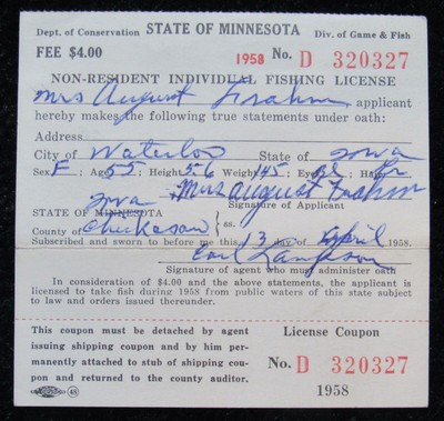 1958 Minnesota Non-Resident Fishing License - Female Fisherman | eBay
