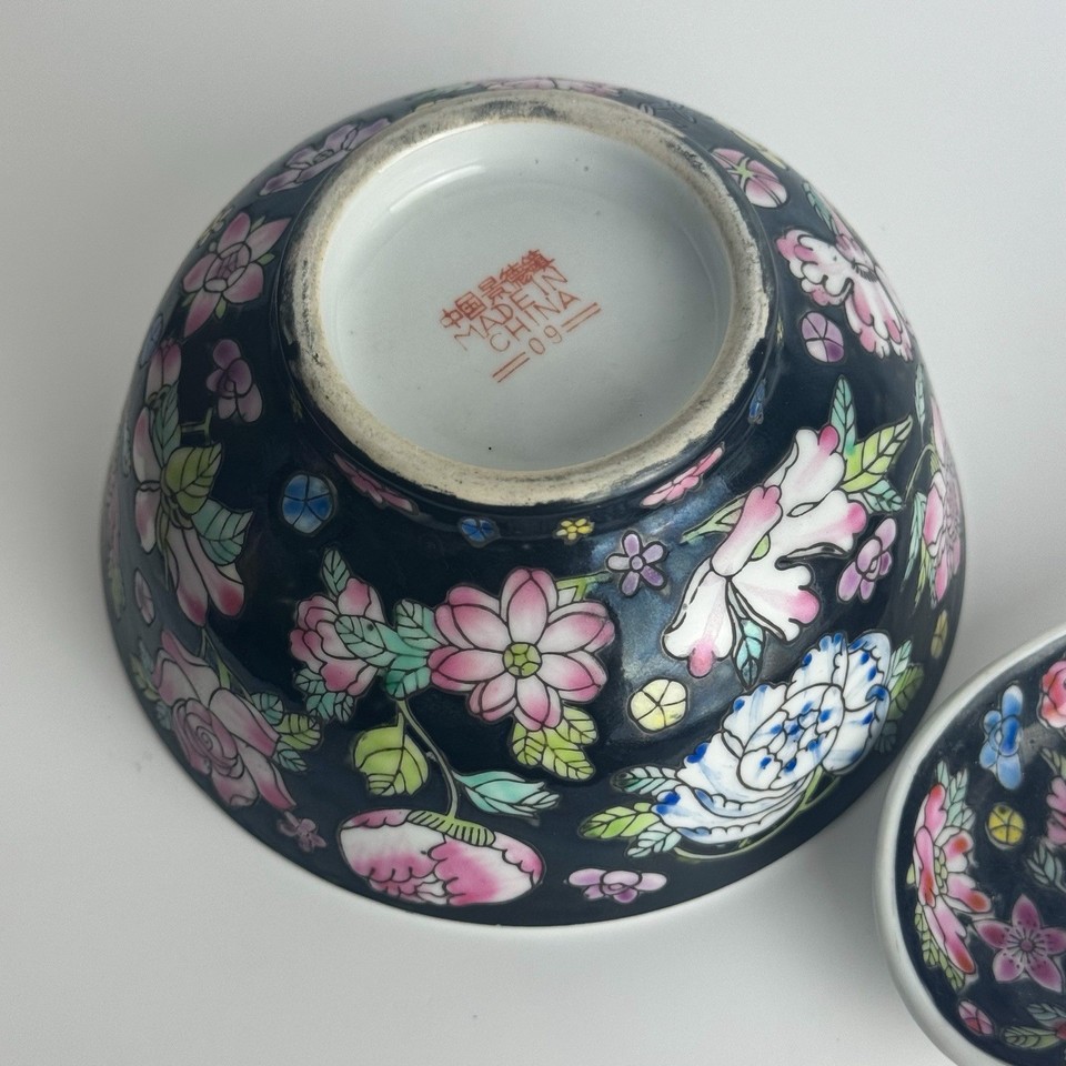 Vintage Chinese black Famille Rose flower Porcelain Rice Bowl | eBay UK