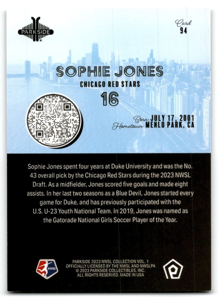 2023 Parkside NWSL Collection #94 Sophie Jones Chicago Red Stars Rookie ...