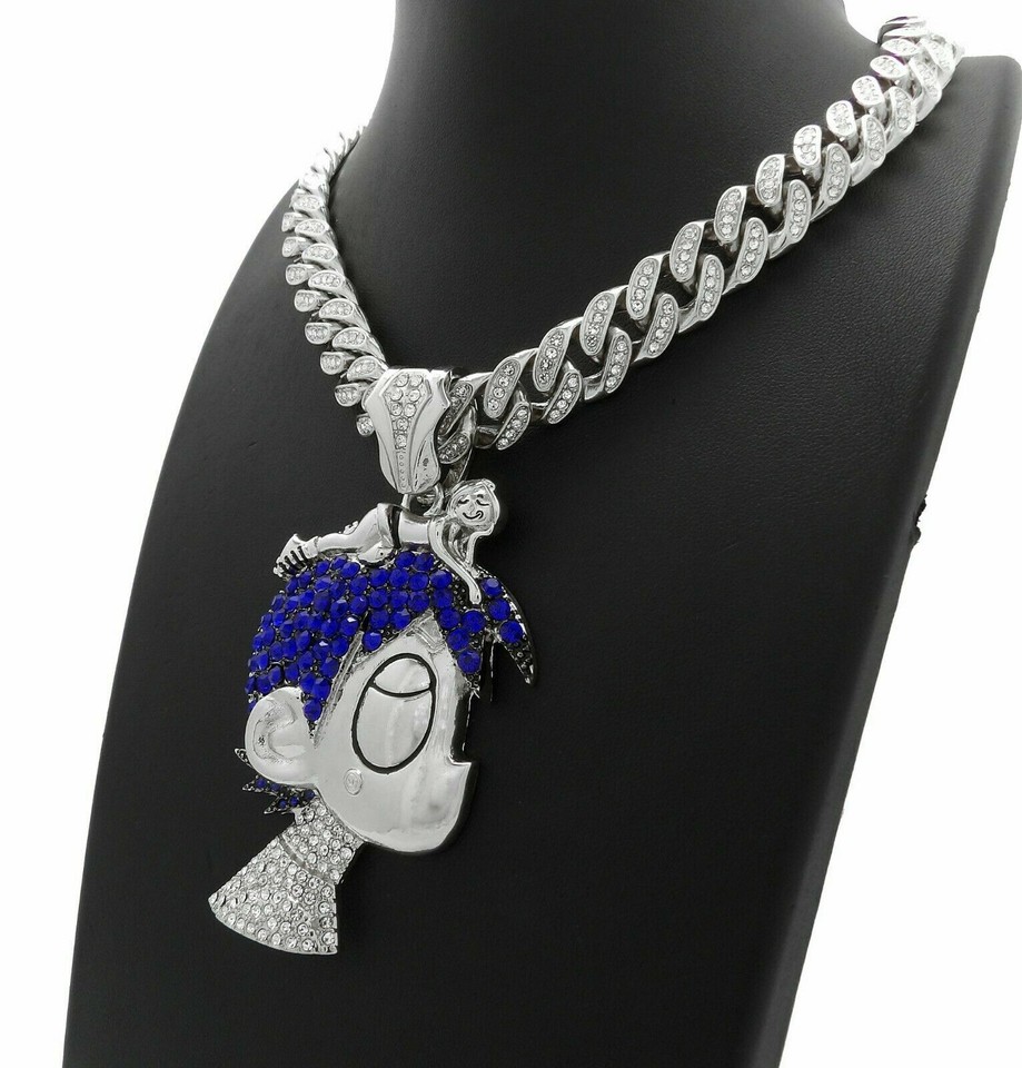 Silver PT LIL UZI VERT Cartoon Pendant & 16" 18" 20" Iced Cuban Chain ...