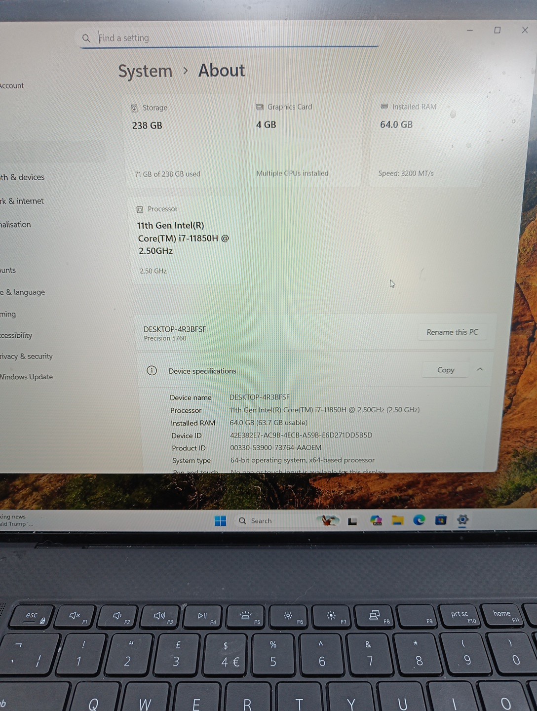 Dell Precision 5760 17" i7 Vpro 11th Gen 64GB RAM 256GB SSD RTX A2000 ...