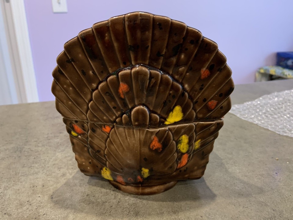 Vtg Ceramic Turkey Thanksgiving Figurine Brown With Orange Yellow Drip ...
