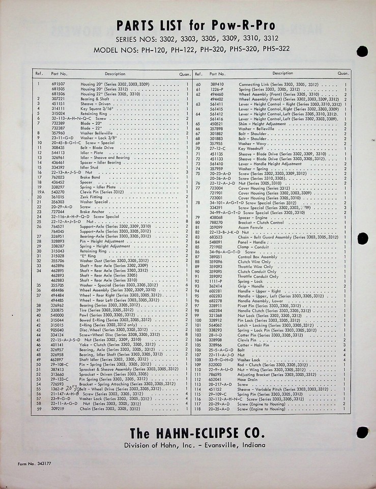 Pow-R-Pro Self Propelled Mower Hahn Eclipse Lawn Operating Manual Parts ...