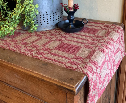 New Primitive Colonial CRANBERRY RED COVERLET TABLE RUNNER Woven Topper ...