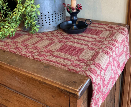 New Primitive Colonial CRANBERRY RED COVERLET TABLE RUNNER Woven Topper ...