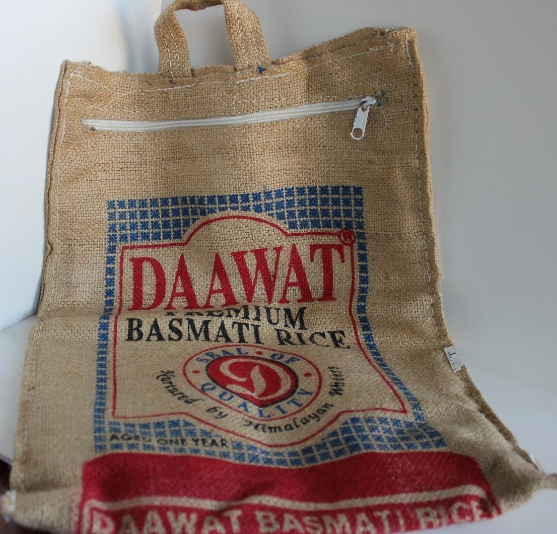 Burlap Hand Bag Daawat Basmati Rice Zipper Closure Gunny Sack Tote | eBay