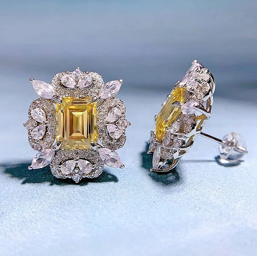 Canary Yellow Emerald Cut 5.20CT Citrine With Lab-Created Diamonds Stud ...