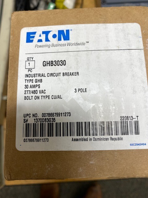 Eaton GHB3030 3-Pole 30Amp 480V Circuit Breaker - Black for sale online ...