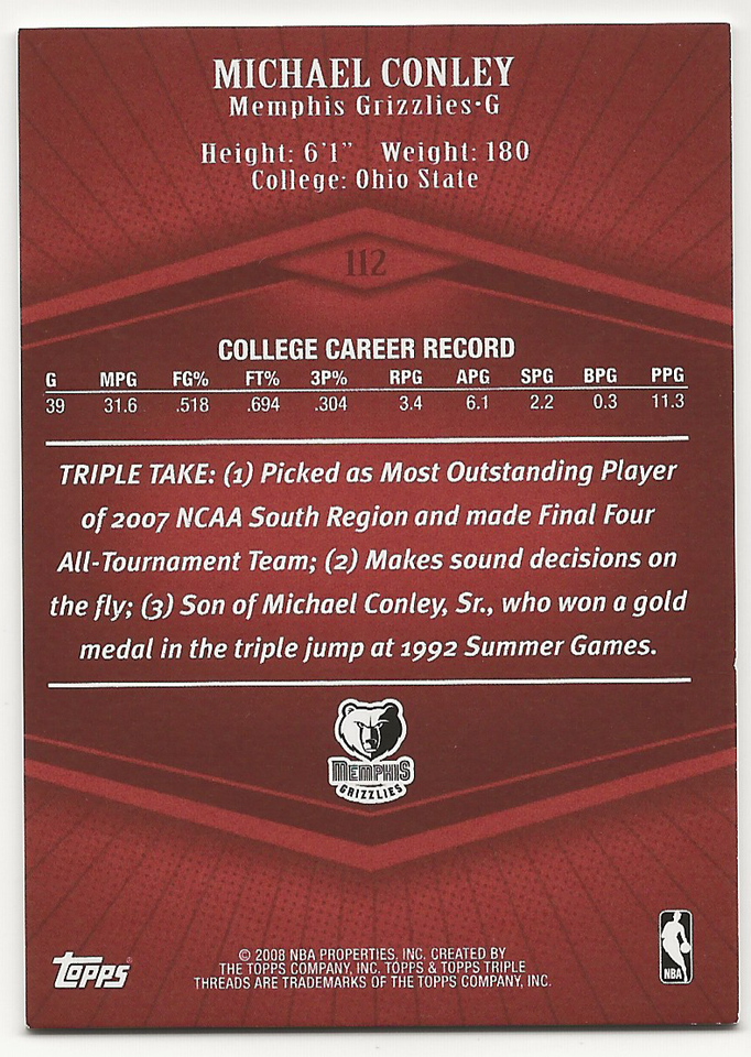 2008 Topps Triple Threads #112 Michael Conley ROOKIE 95/99 GRIZZLIES | eBay