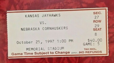 1997 NEBRASKA HUSKERS vs KANSAS JAYHAWKS FOOTBALL TICKET STUB 9/13/1997 ...