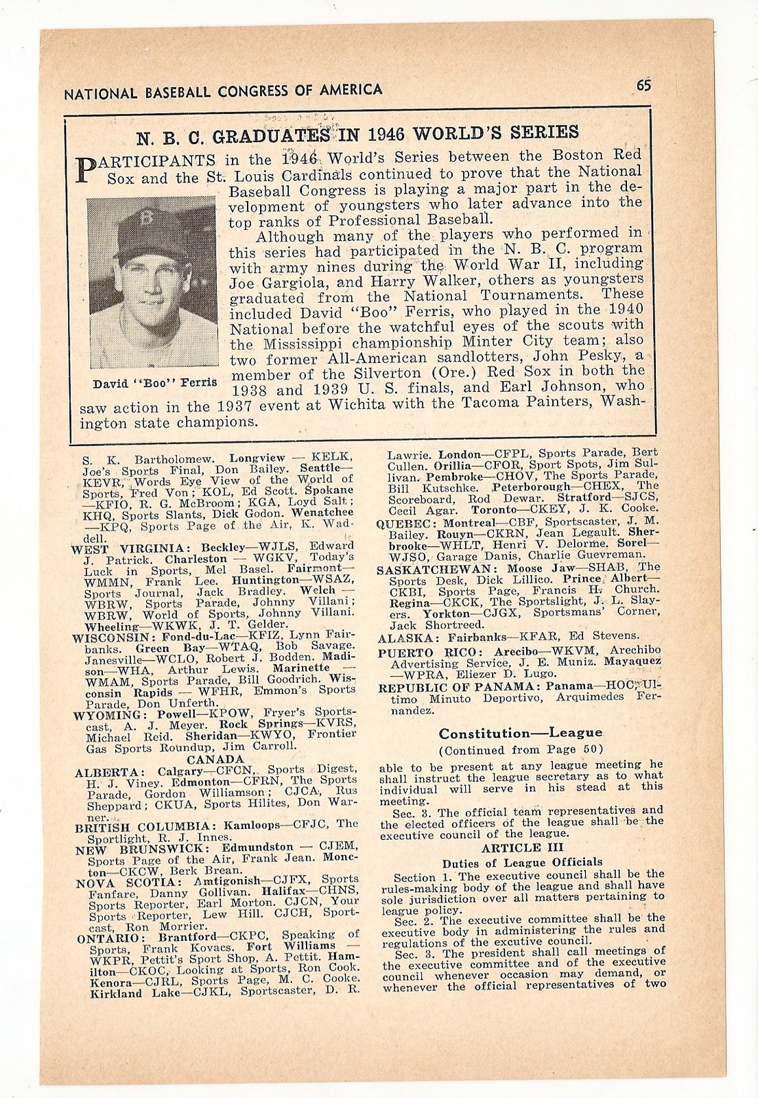 Dave Boo Ferris 1946 Baseball NBC Picture RARE | eBay