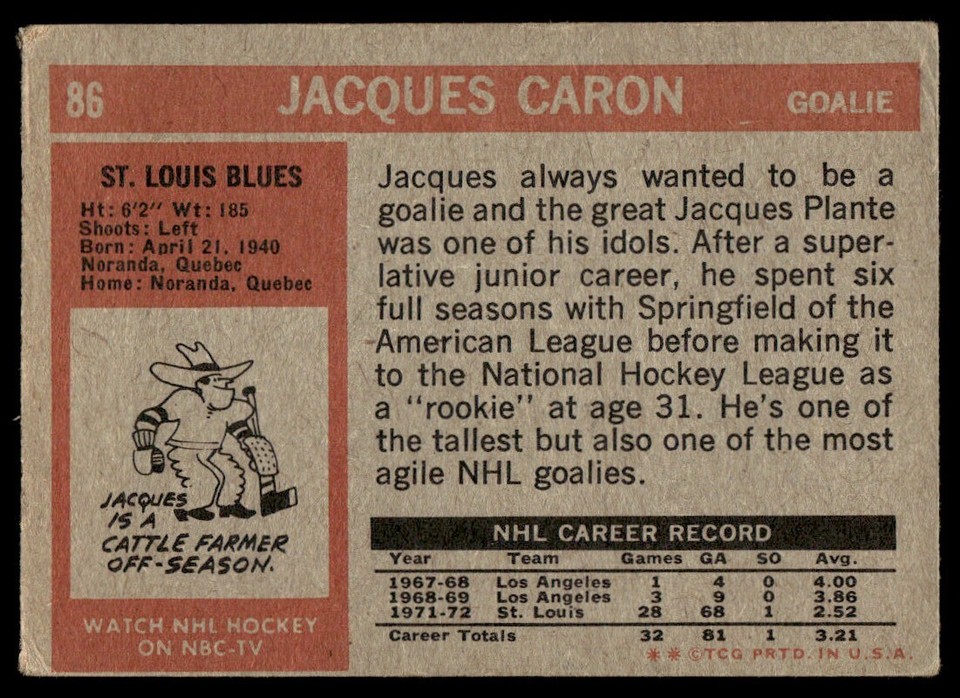 1972-73 Topps Hockey Card Jacques Caron RC St. Louis Blues #86 VG-EX | eBay